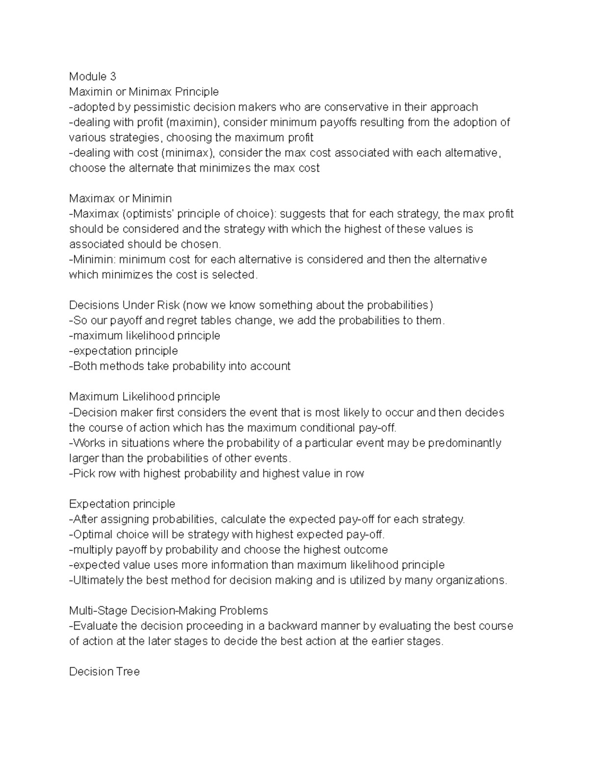 Module 3 Part 2 - Module 3 Maximin or Minimax Principle -adopted by pessimistic decision makers ...