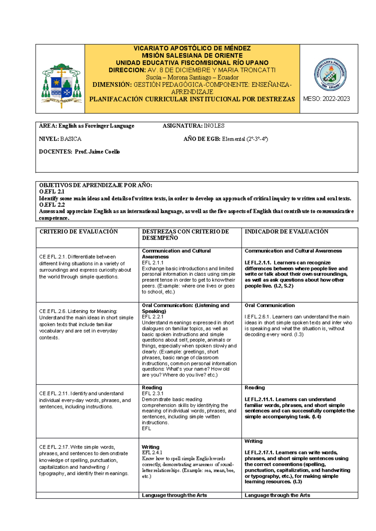 PLAN. Curric. POR Destrezas - ingles - VICARIATO APOSTÓLICO DE MÉNDEZ ...