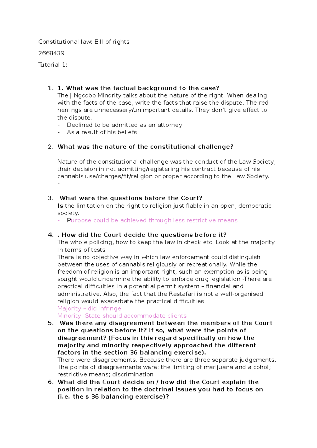 BOR TUT 1 - tutorial - Constitutional law: Bill of rights 2668439 ...