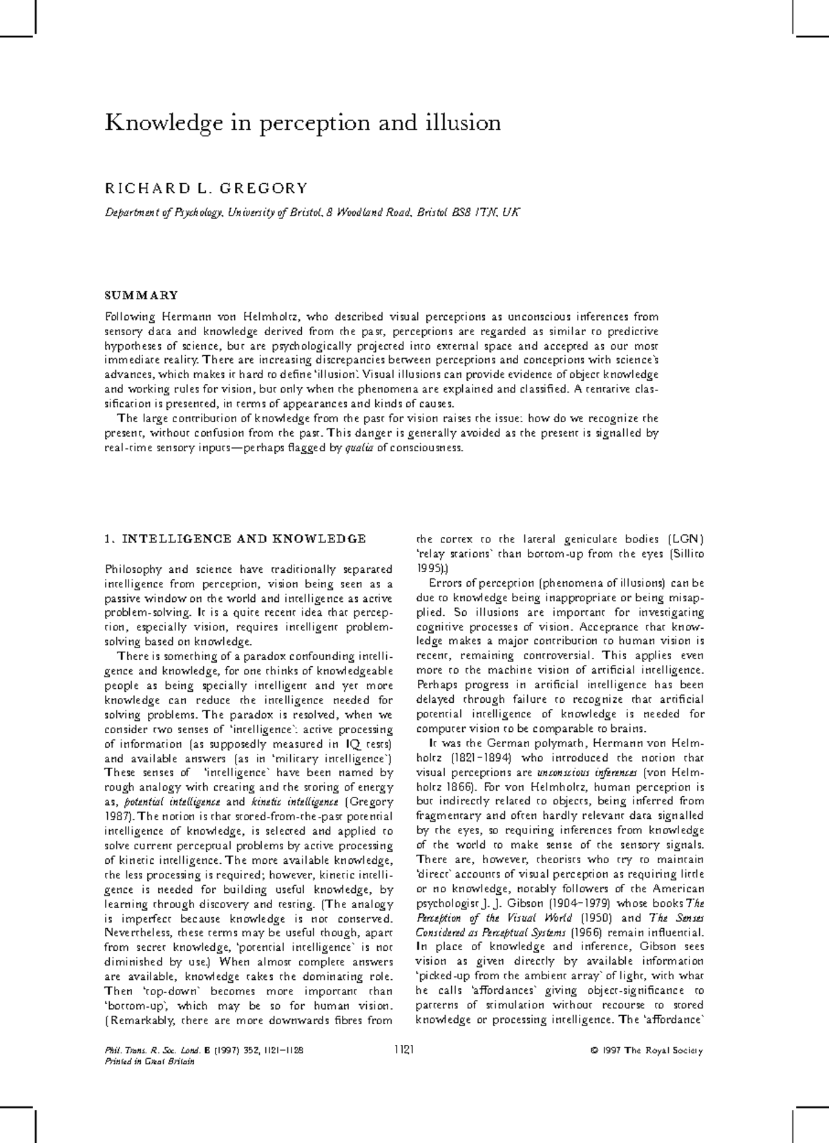 Knowledge in perception and illusion - GR EG ORY Department of ...