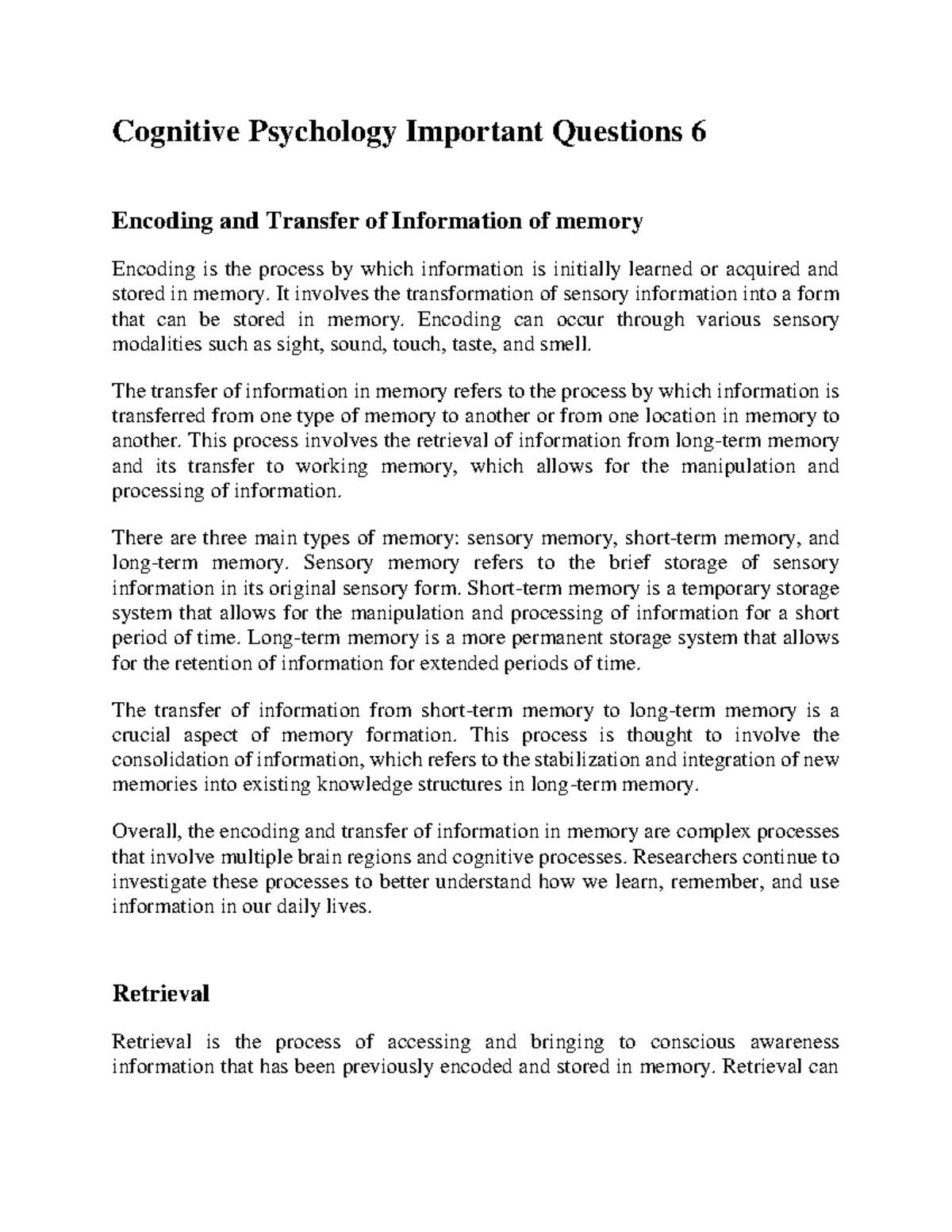 Cognitive Psychology Important Questions 6 - It involves the ...