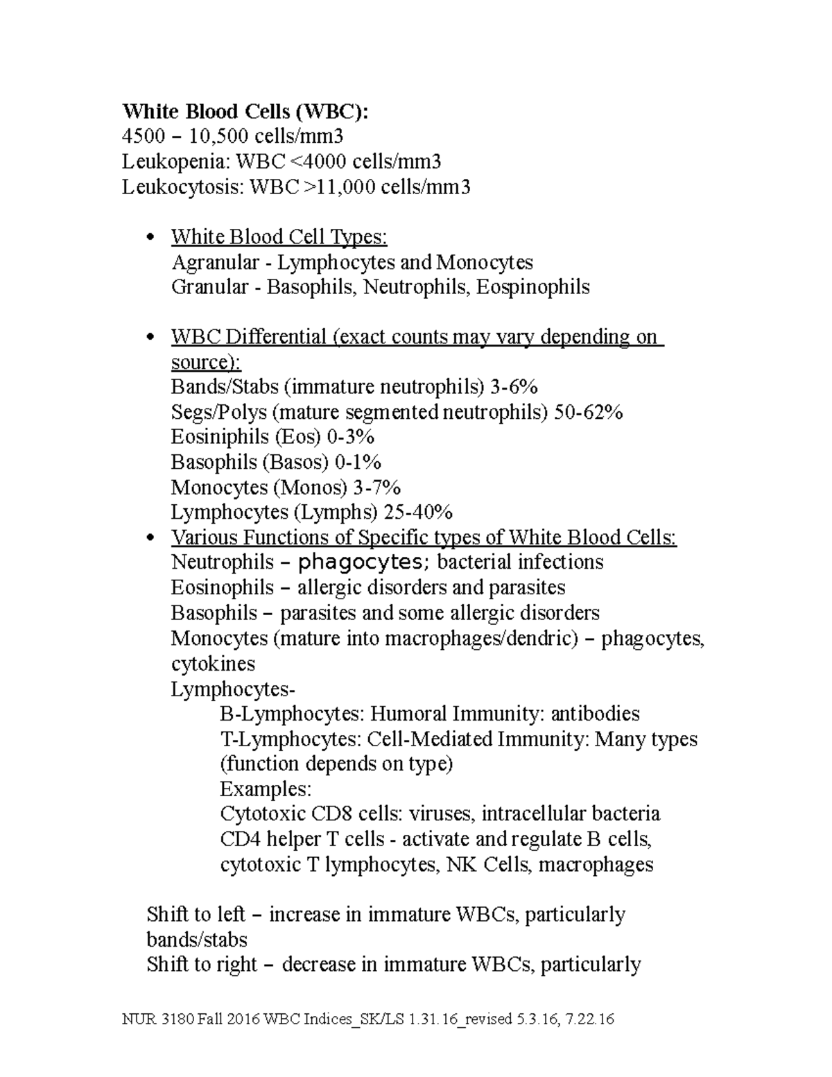 WBC Indices - Lecture notes week 2 - White Blood Cells (WBC): 4500 ...