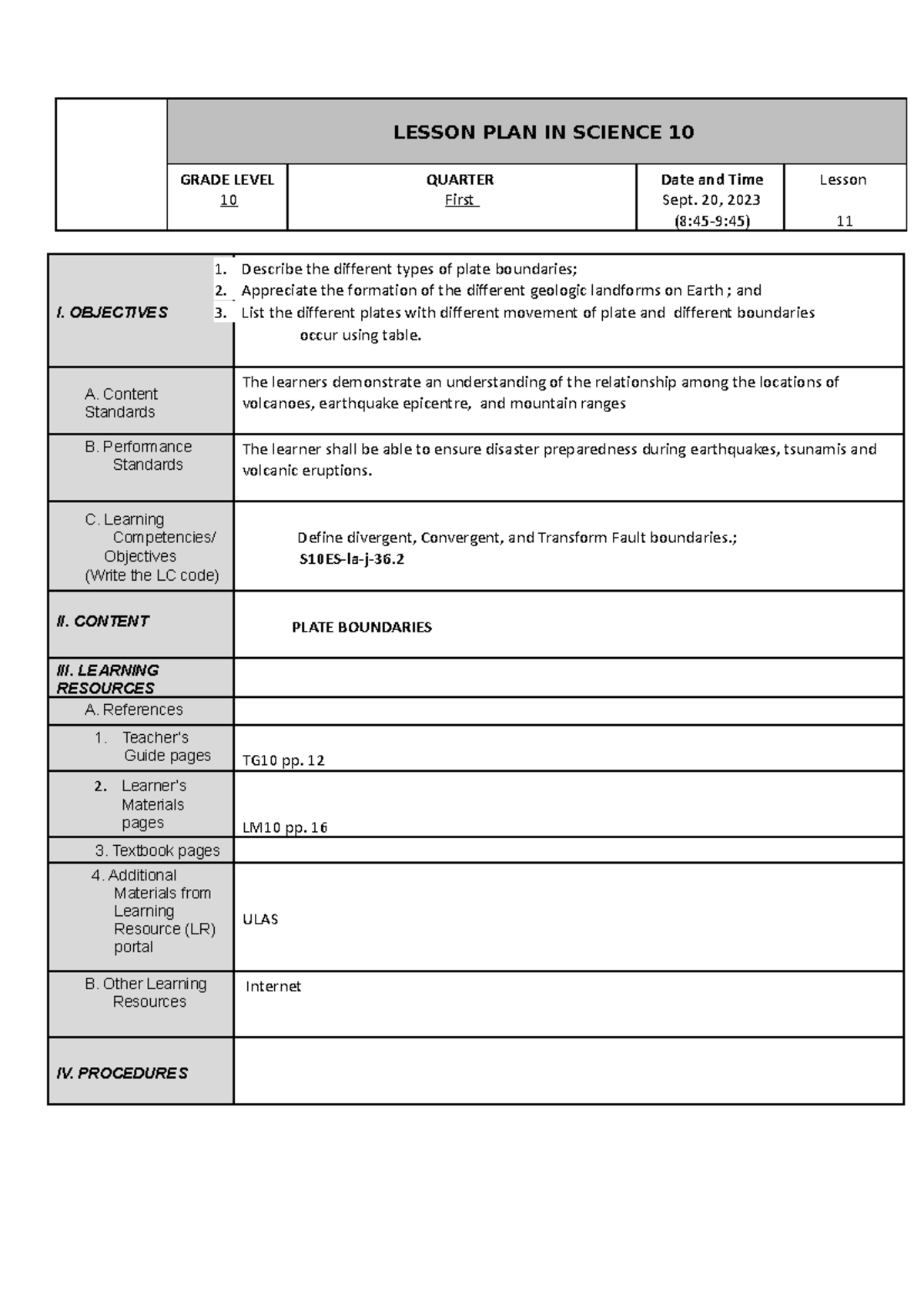 Science 10 DLL for CO q1 - lesson plan - LESSON PLAN IN SCIENCE 10 ...