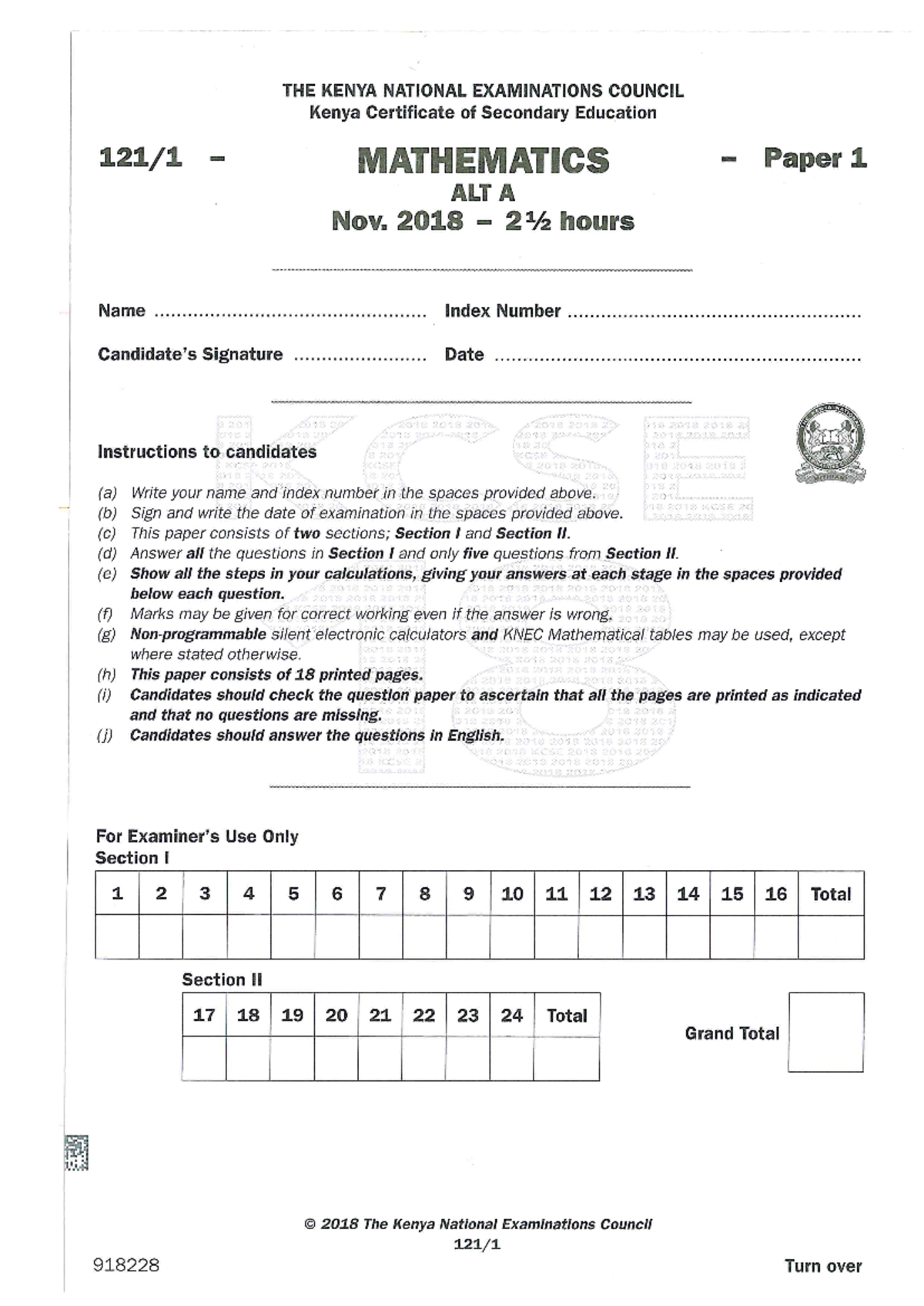 KCSE-2018-KNEC-MATH-P1 - THE KENYA NATIONAL EXAMINATIONS COUNCIL Kenya ...