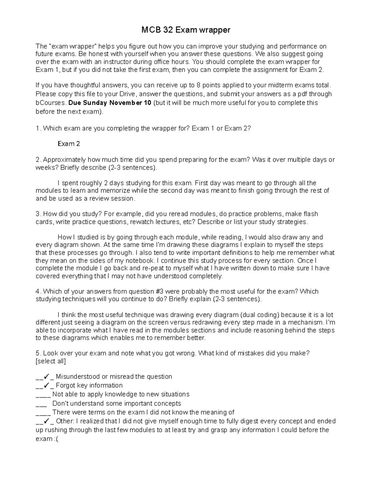 MCB 32 Exam wrapper - MCB 32 Exam wrapper The “exam wrapper” helps you ...