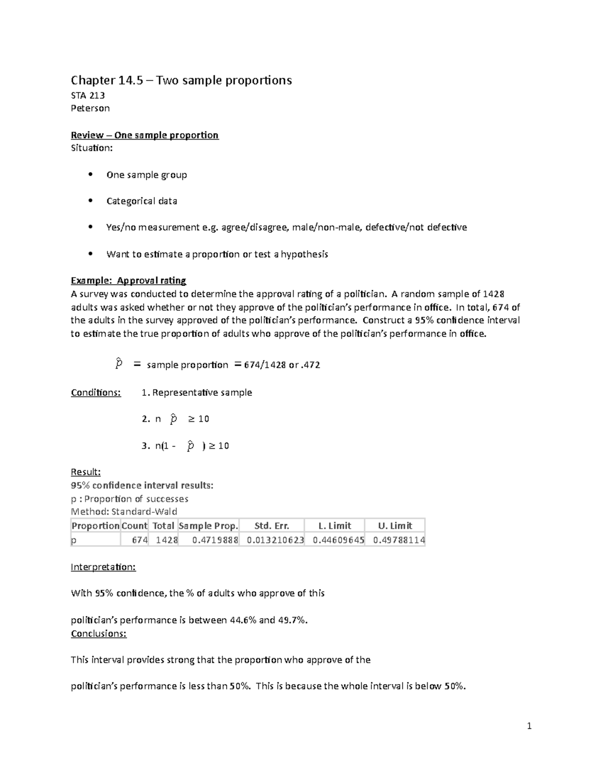 8-2 Sample Proportion - Chapter 14 Two sample proportions STA 213 ...