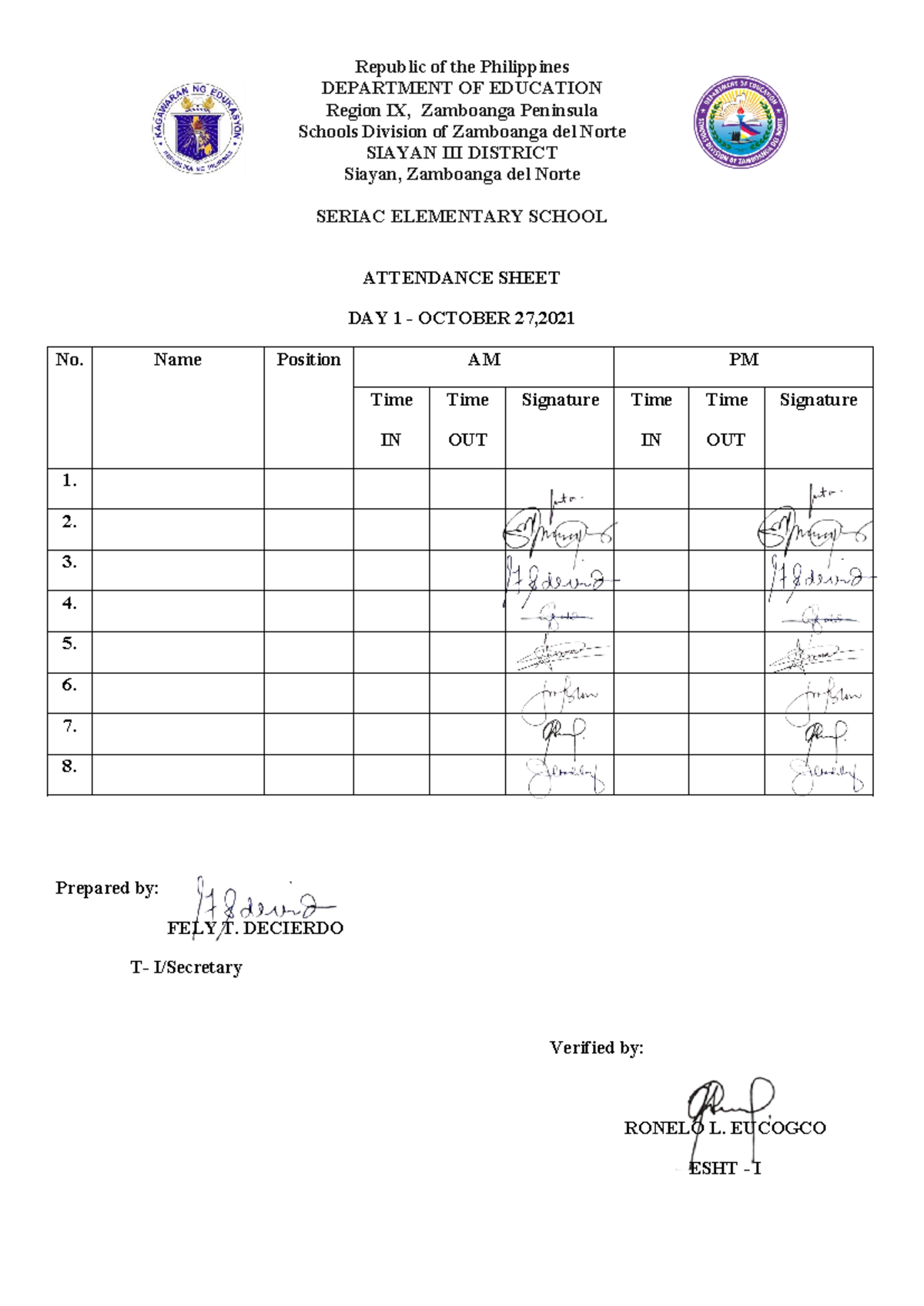 Attendance Sheet - Republic of the Philippines DEPARTMENT OF EDUCATION ...