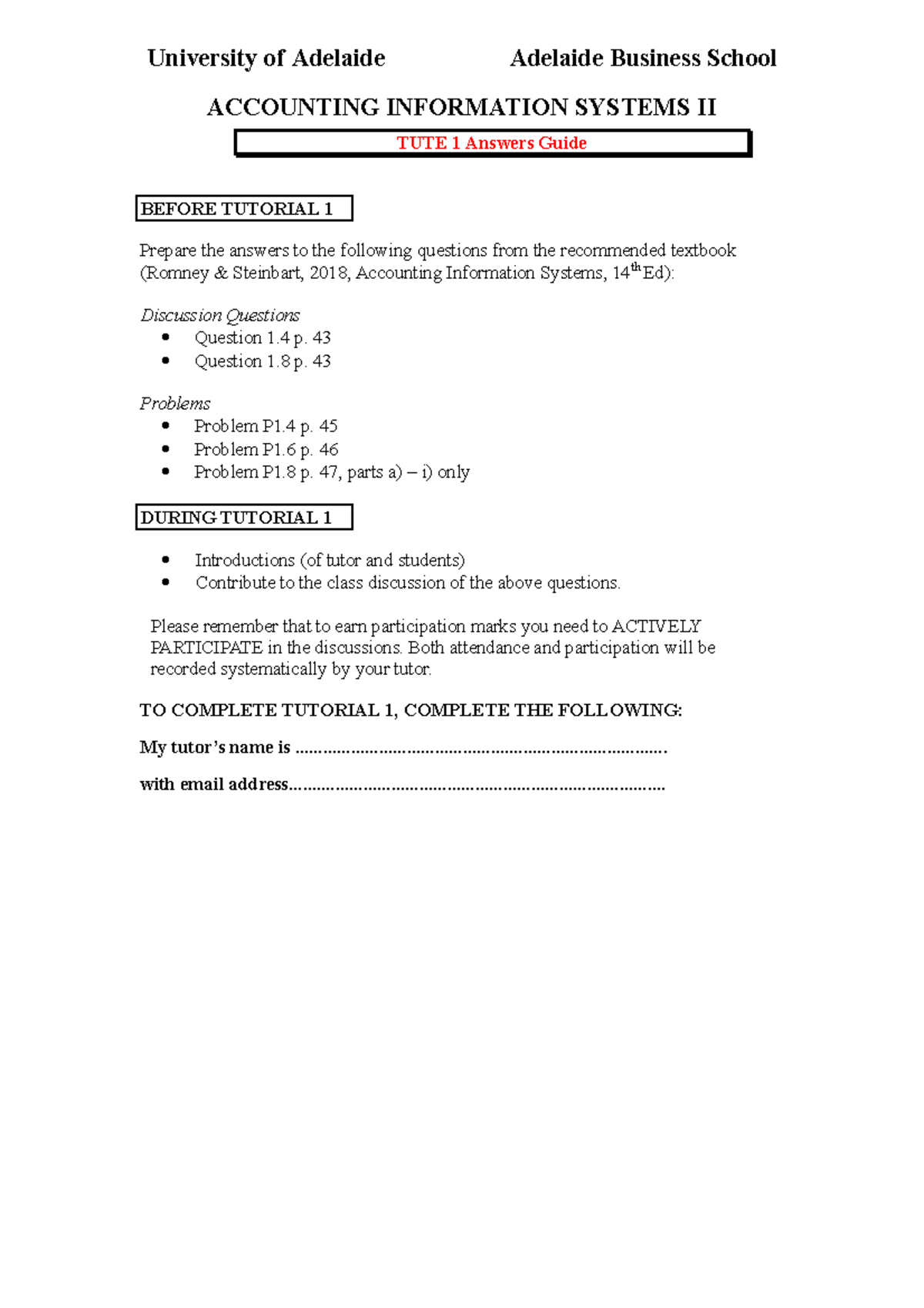 Tute01Answers Guide-已转档 - BEFORE TUTORIAL 1 DURING TUTORIAL 1 TUTE 1 ...