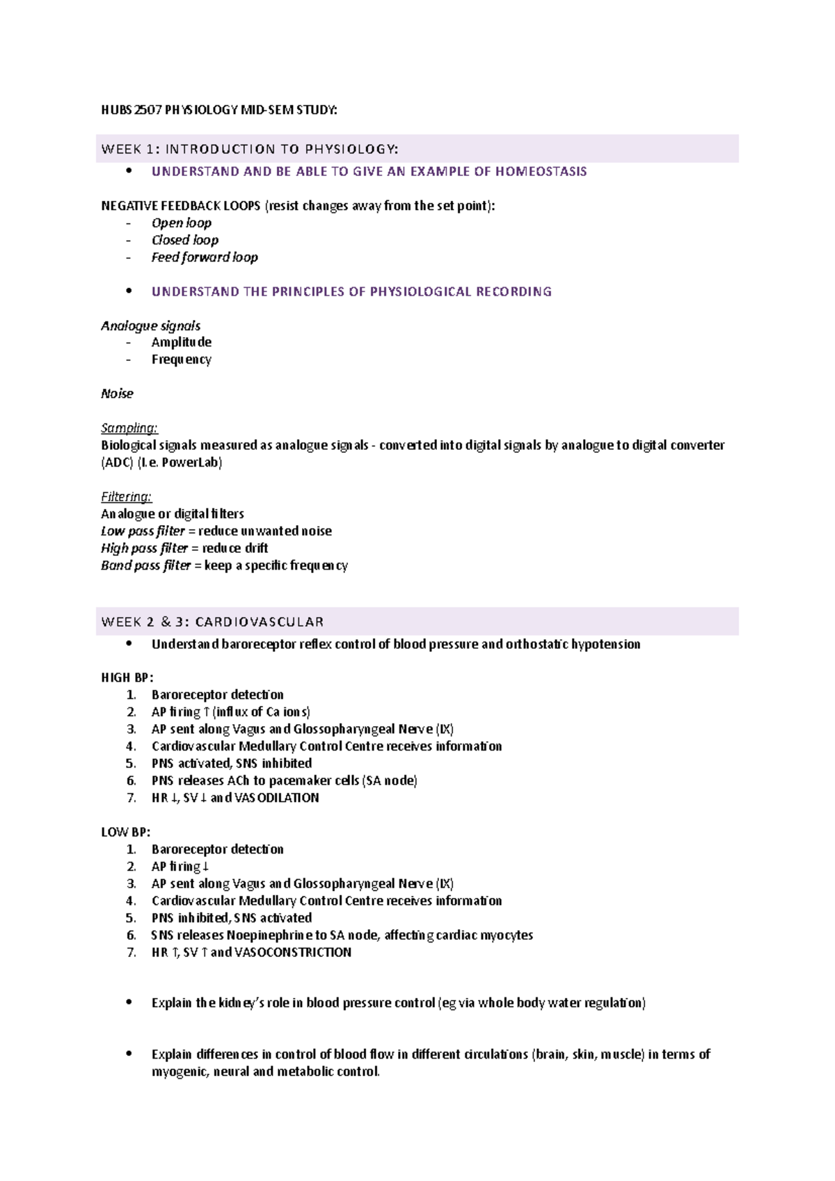 Physiology Midsem Summary - HUBS2507 PHYSIOLOGY MID-SEM STUDY: WEEK 1 ...