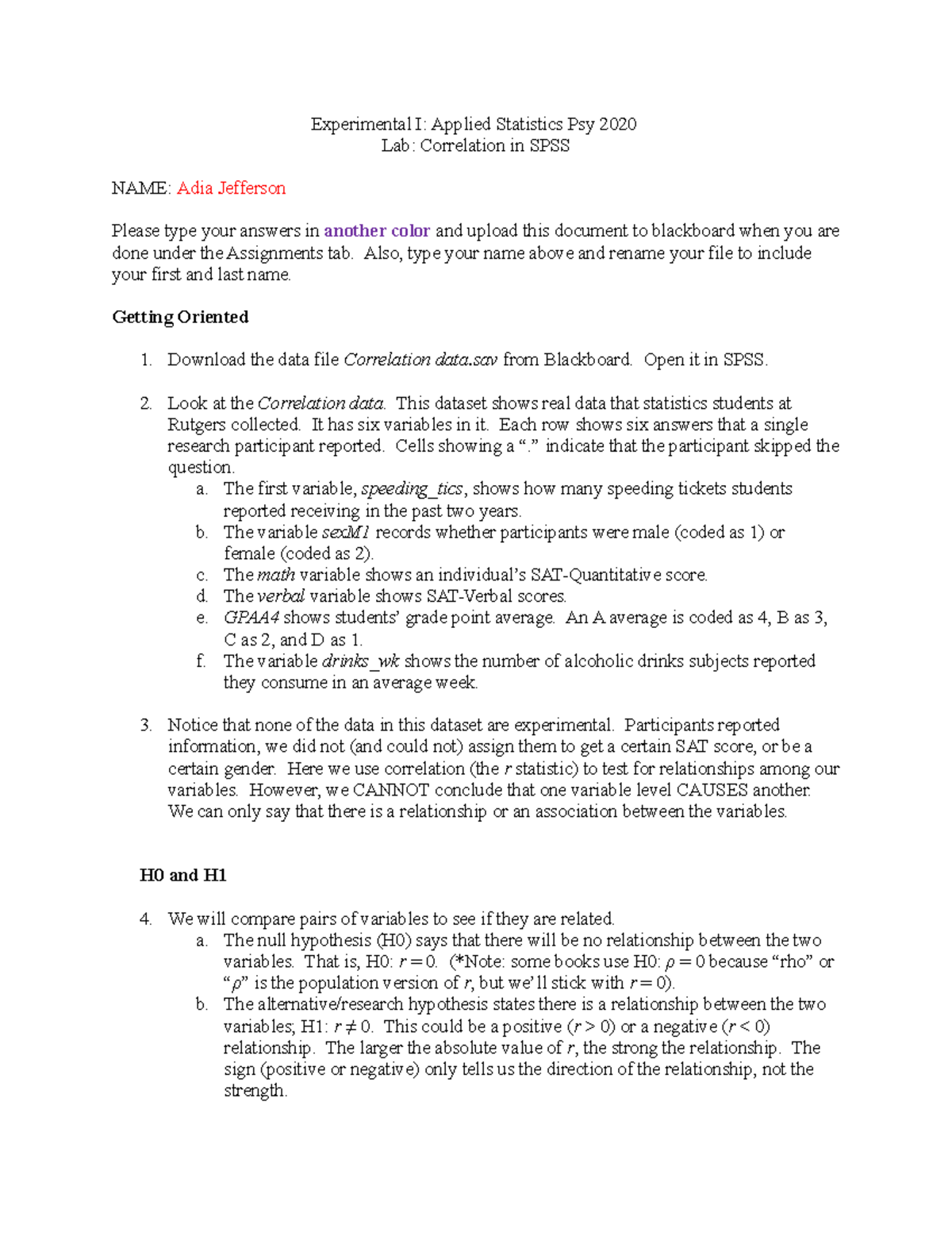 Lab Correlation Spss Experimental I Applied Statistics Psy 2020 Lab Correlation In Spss Name