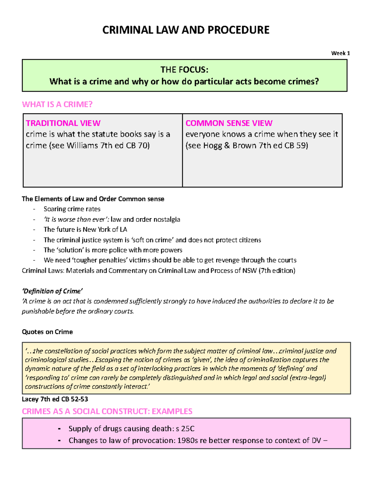 WEEK 1 - Criminal LAW - CRIMINAL LAW AND PROCEDURE Week 1 THE FOCUS ...