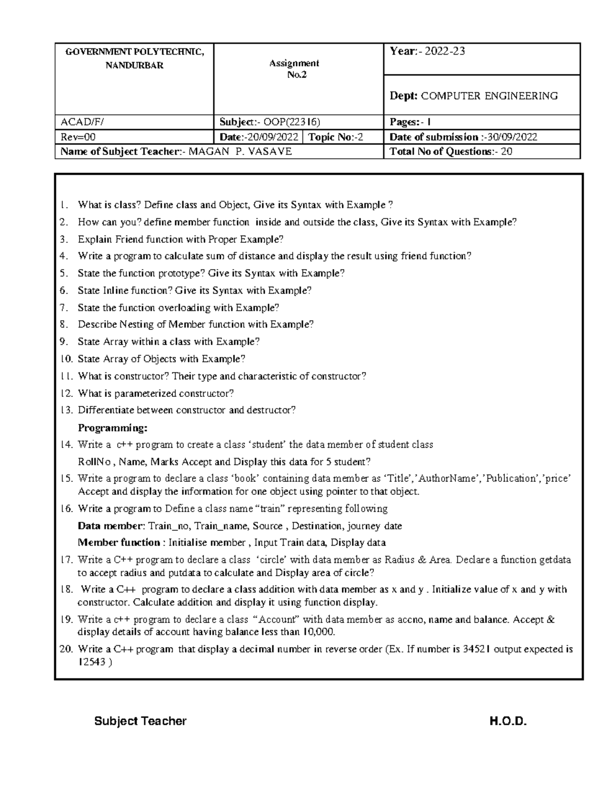 Assignment No2 (OOP) - GOVERNMENT POLYTECHNIC, NANDURBAR Assignment No. 2 Year:- 2022 - 23 Dept ...