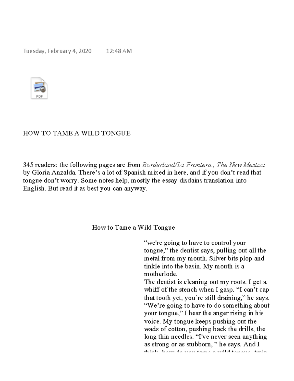 HOW TO TAME A WILD Tongue - Anzaldúa_H ow to tam& HOW TO TAME A WILD ...