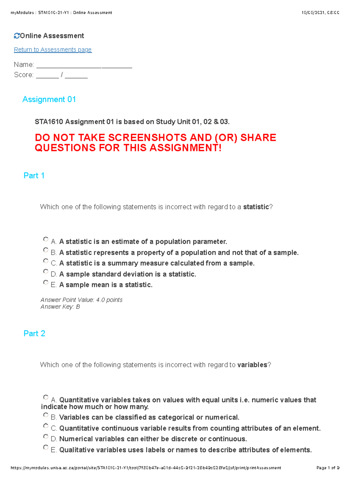 Sample Assignment 01 - SAT1610 - !Online Assessment Return to ...