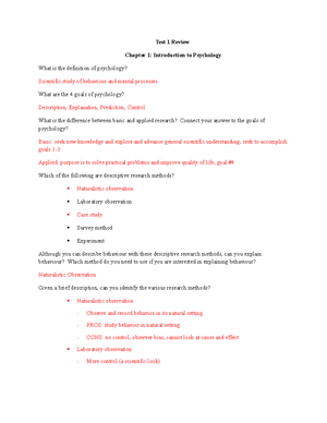 Test 1 Review - Test 1 Review Chapter 1: Introduction to Psychology ...