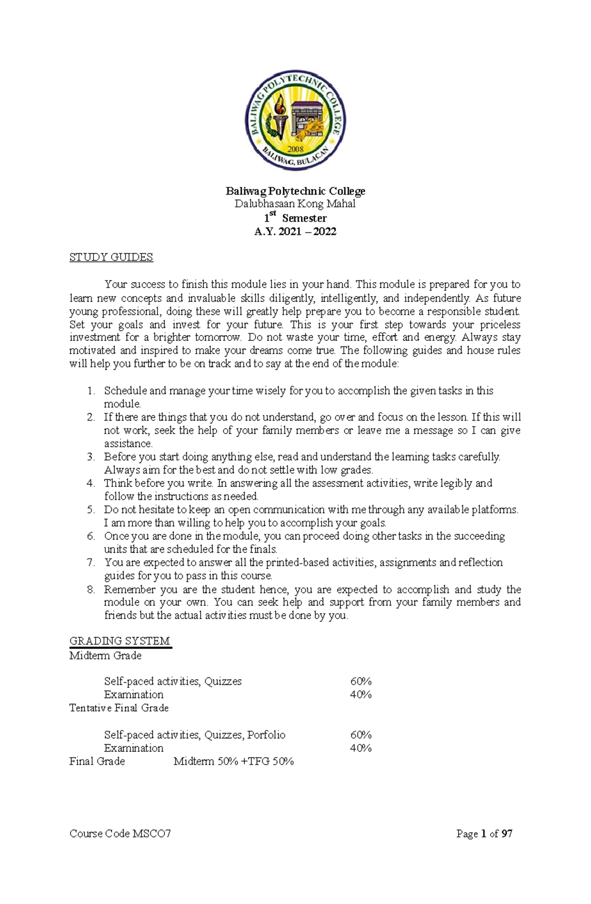 Module Sample Module Sample Baliwag Polytechnic College Dalubhasaan Kong Mahal 1 St Semester
