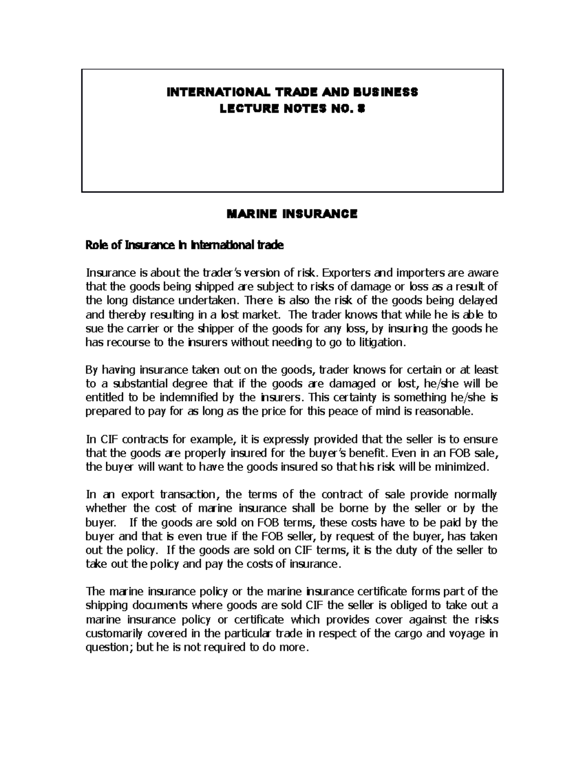Chapter 8 Marine Insuarance - INTERNATIONAL TRADE AND BUSINESS LECTURE ...