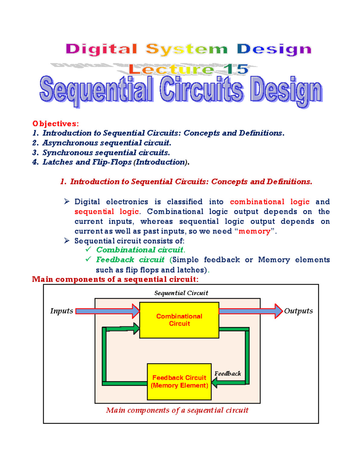 Unit 4 part 1 - Objectives: Introduction to Sequential Circuits: Concepts and Definitions. - Studocu