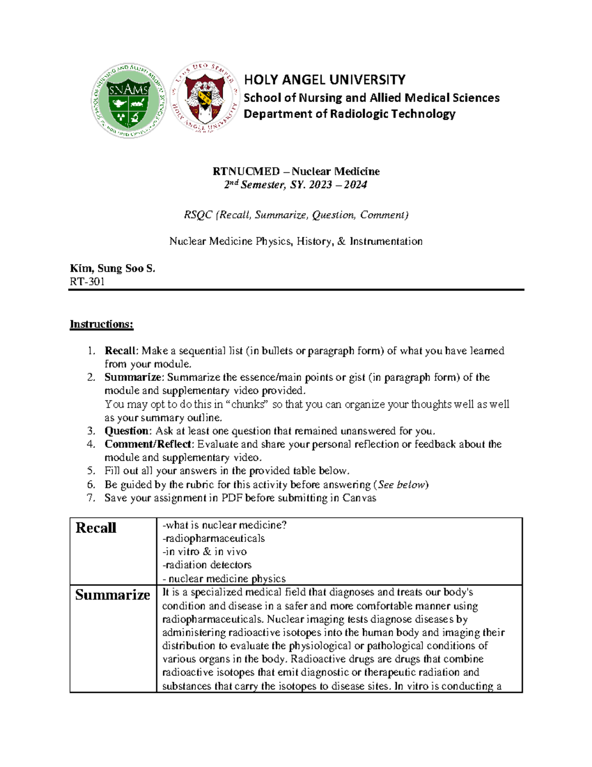 Nuclear Medicine (RSQC Assessment) kim - HOLY ANGEL UNIVERSITY School ...