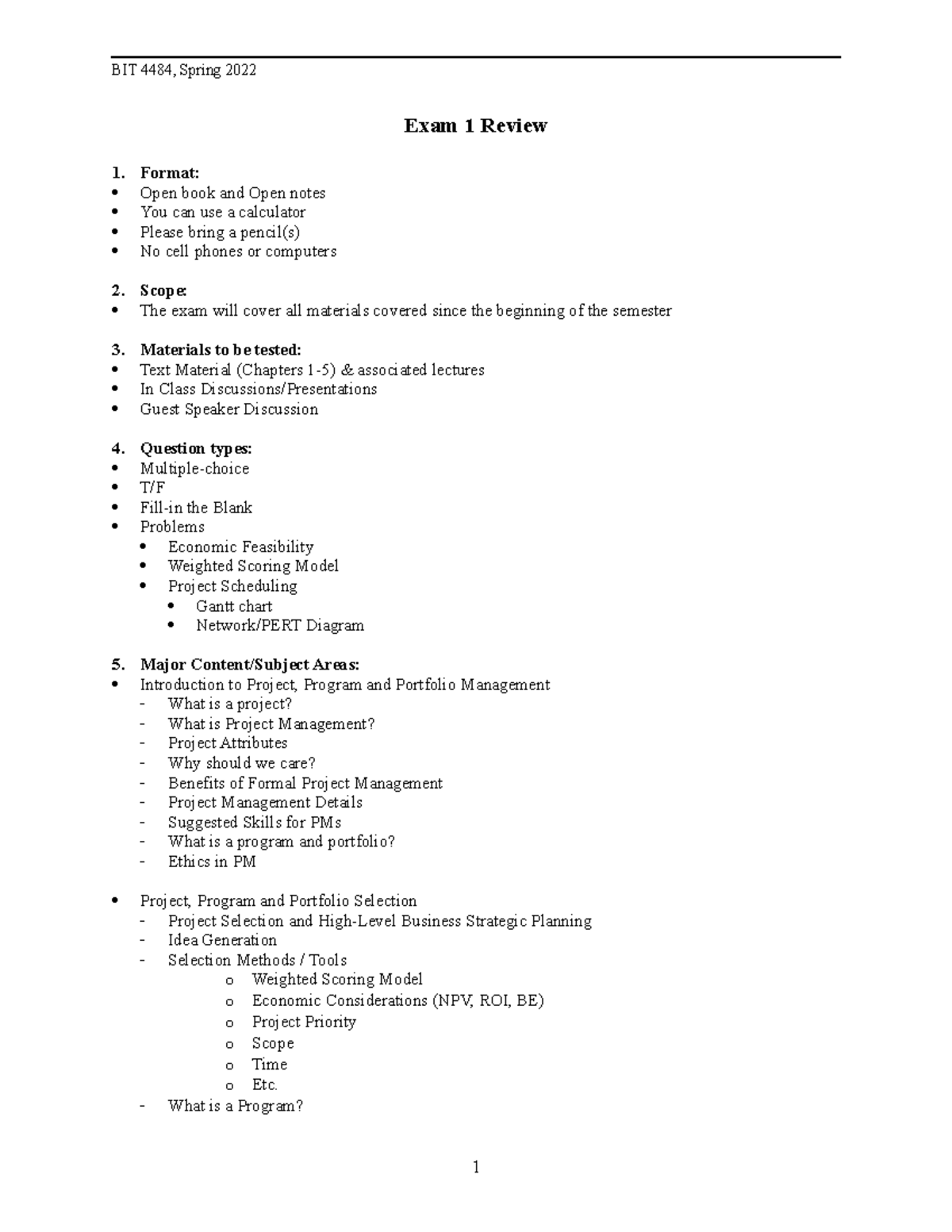 Exam 1 review-1 - Exam 1 - BIT 4484, Spring 2022 Exam 1 Review 1 ...