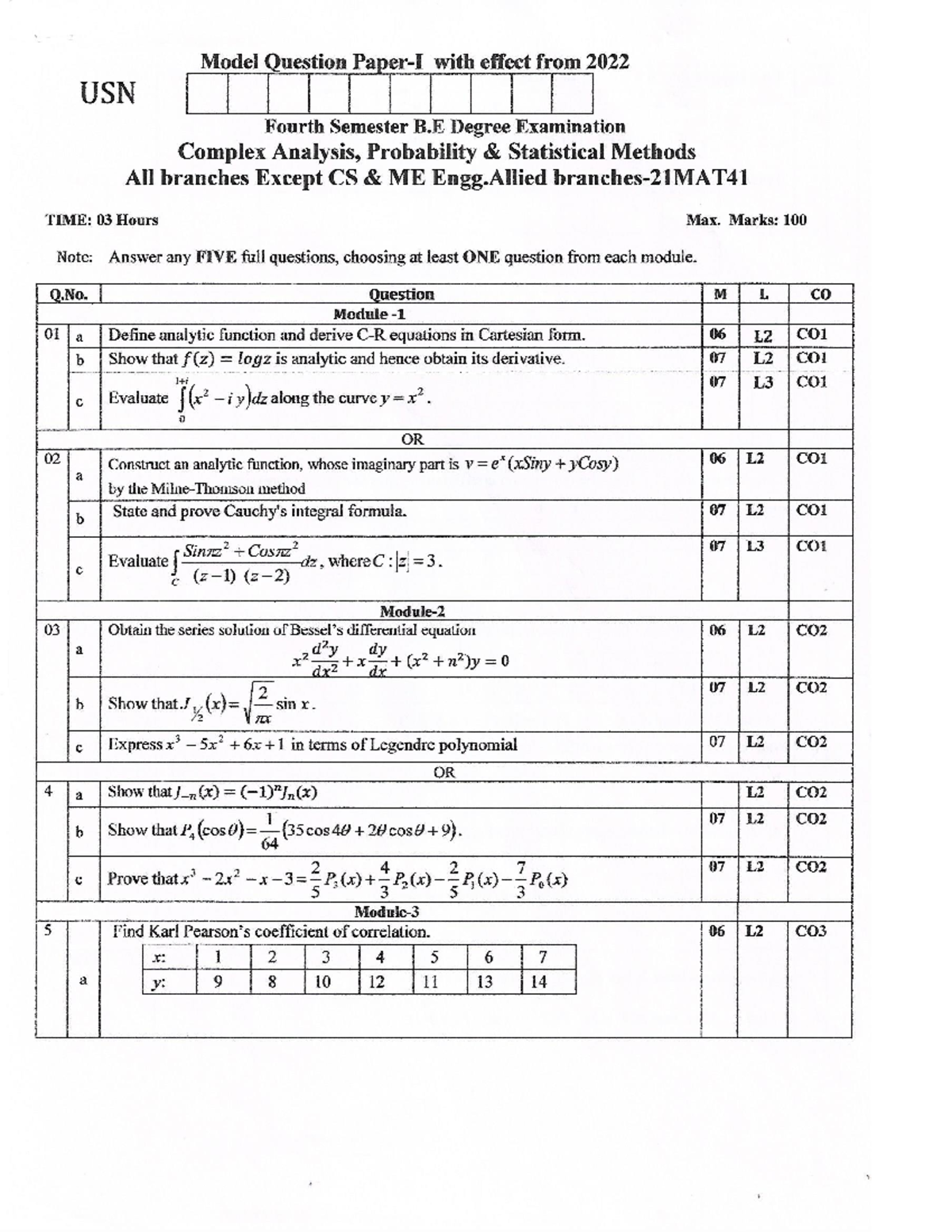 18MAT41 Model QP 1 - Bachelor of engineering - Studocu
