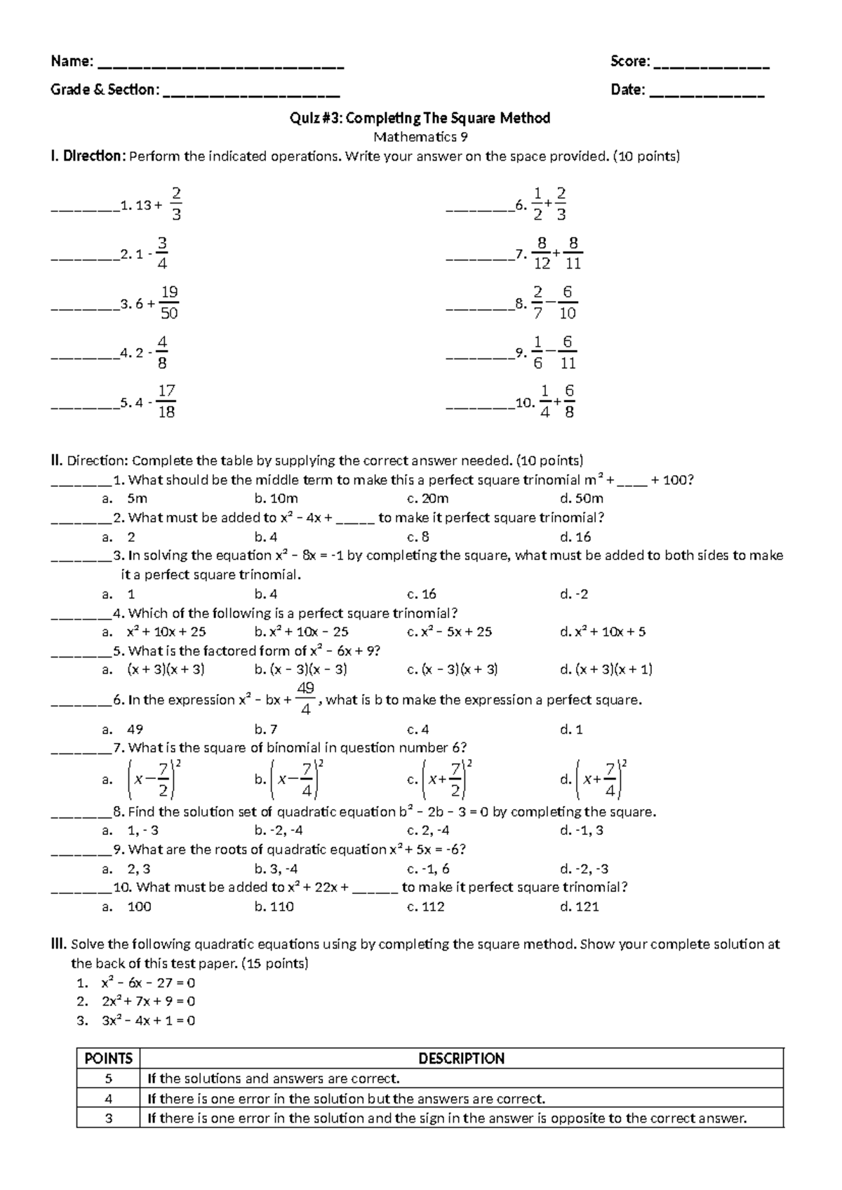 Quiz 3 Completing the Square - Name ...
