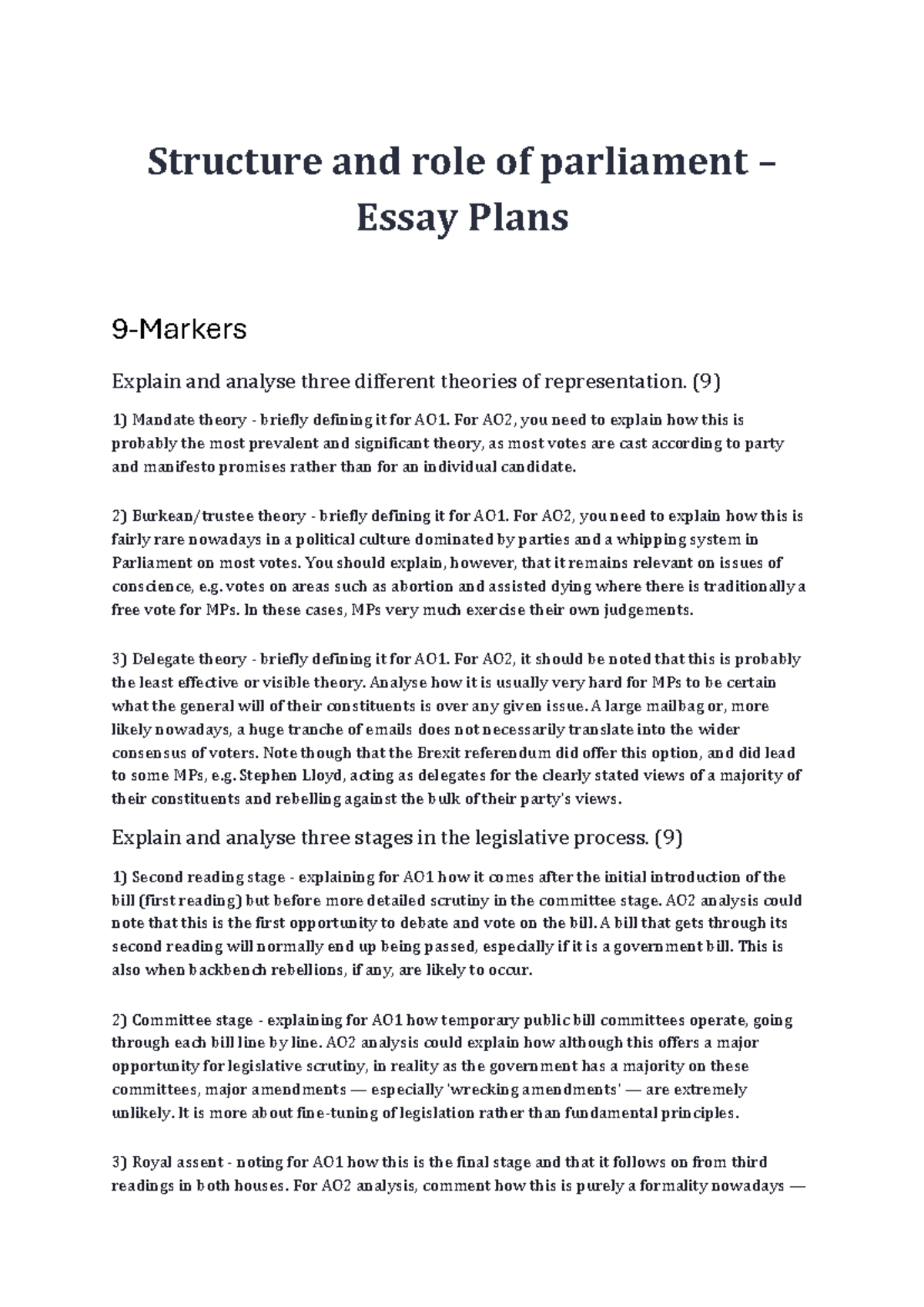 The structure and role of parliament Essay Plans - Structure and role ...