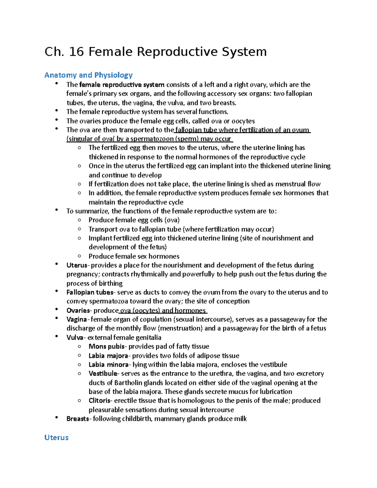 Ch. 16 Female Reproductive System - Ch. 16 Female Reproductive System ...