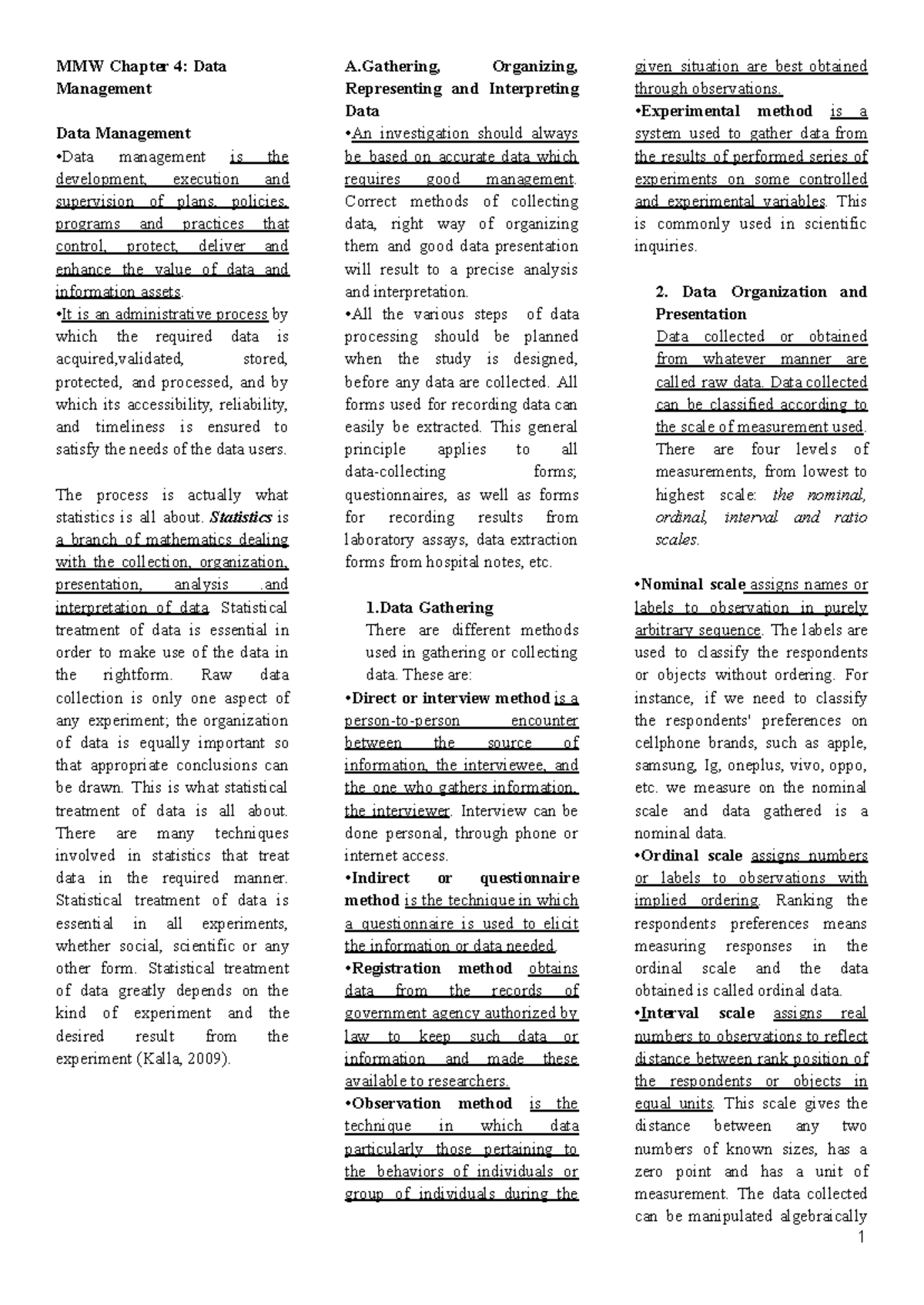 Mathematics in the Modern World - MMW Chapter 4: Data Management Data ...