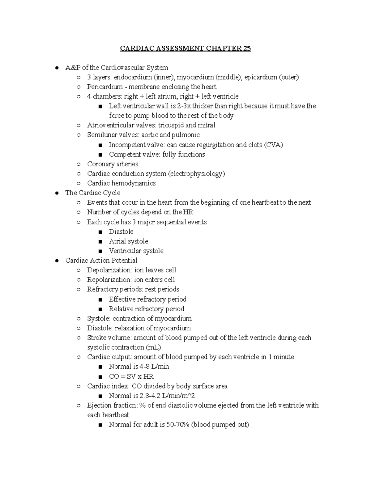 Med surg exam 1 notes - Professor Spatarella - CARDIAC ASSESSMENT ...