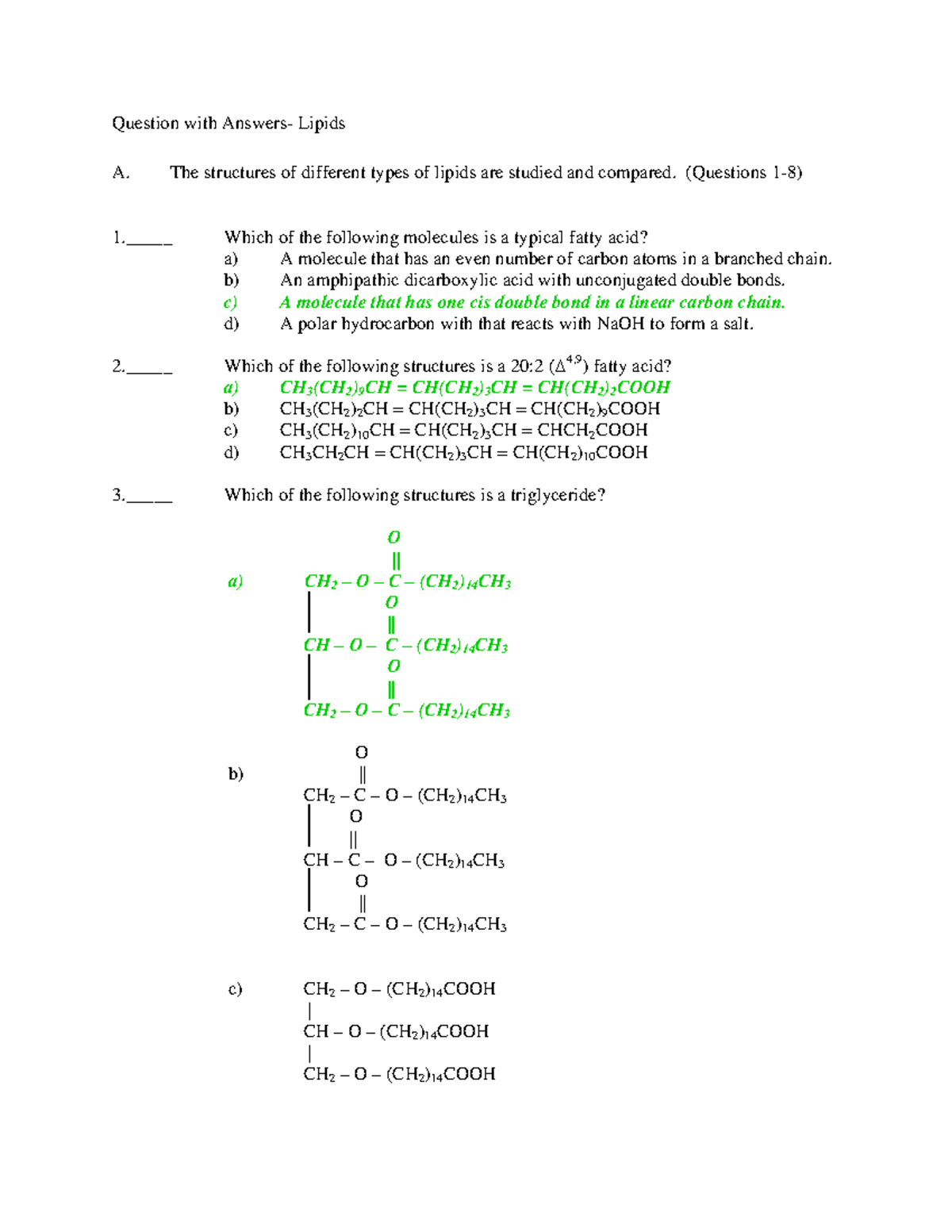Answers-lipids - good - Question with Answers- Lipids A. The structures ...