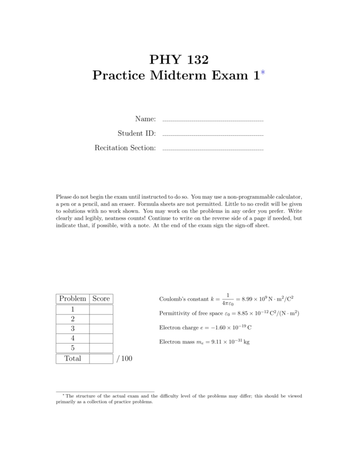 Midterm exam 1 - Practice - PHY 132 - Studocu