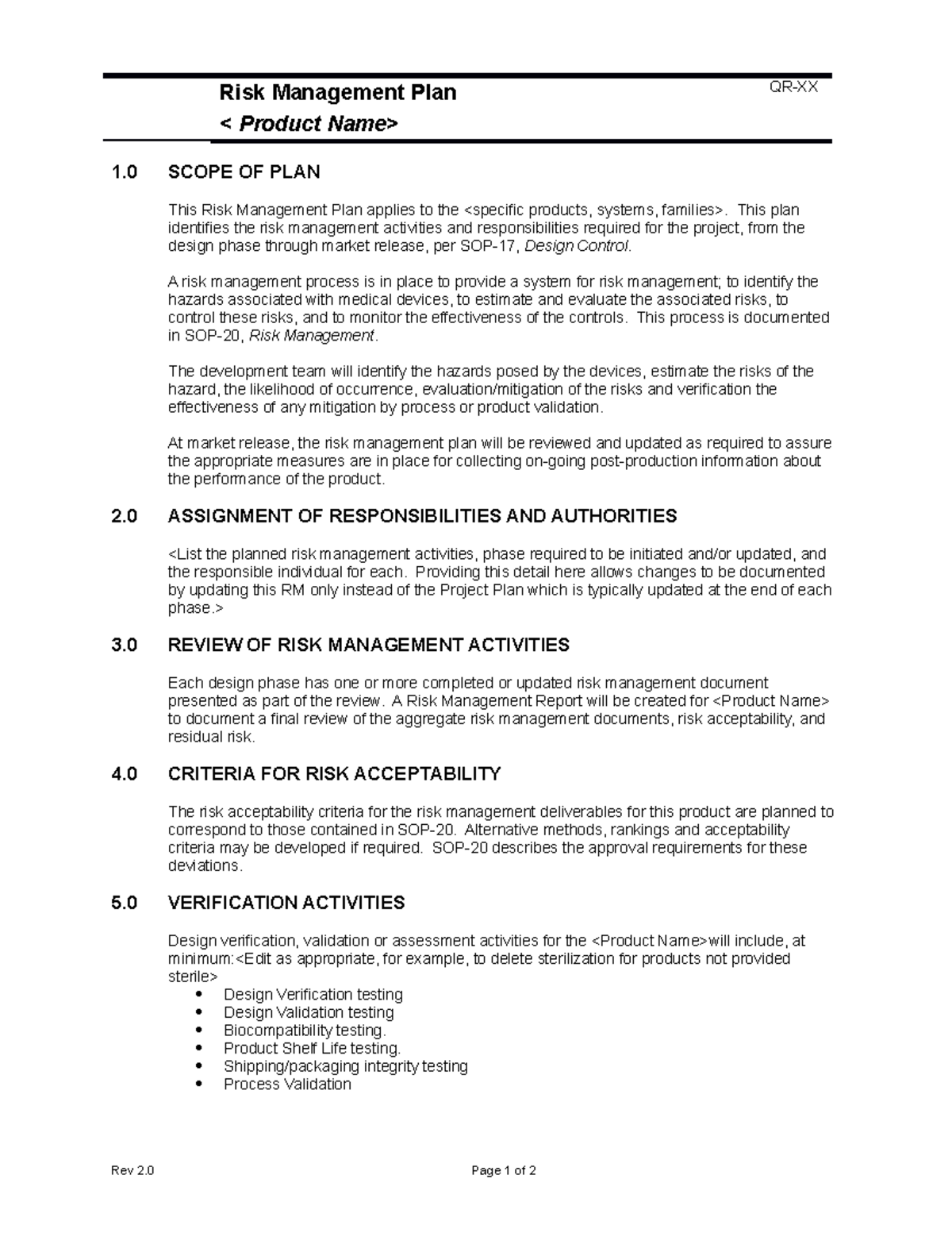 Risk Management Plan Template - Risk Management Plan QR-XX 1 SCOPE OF ...