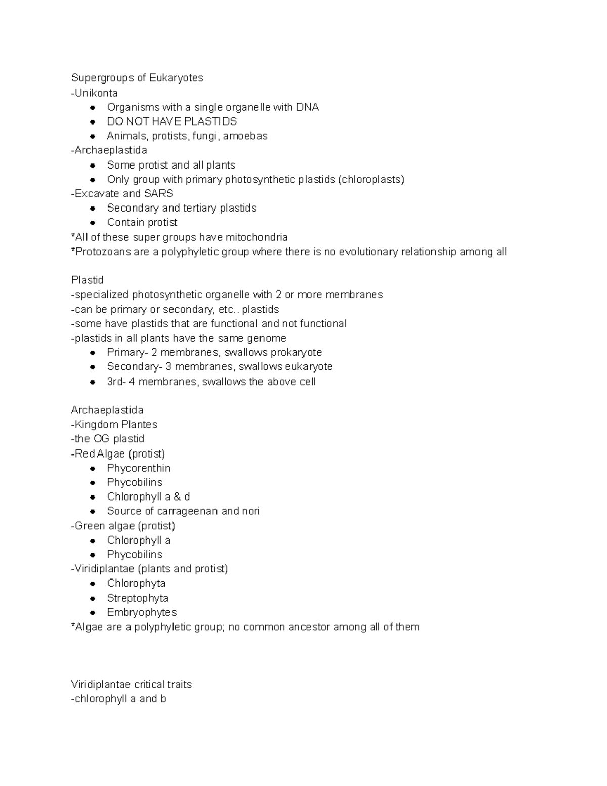 BIO study guide 4 - Top of class notes for super-groups of eukaryotes ...