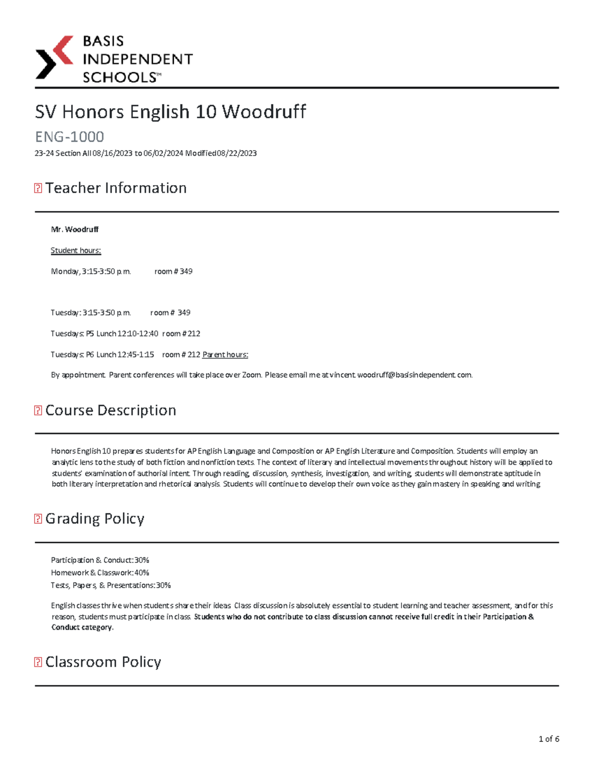 Honors English 10 Woodruff ENG 23 24 - Woodruff Student hours: Monday ...