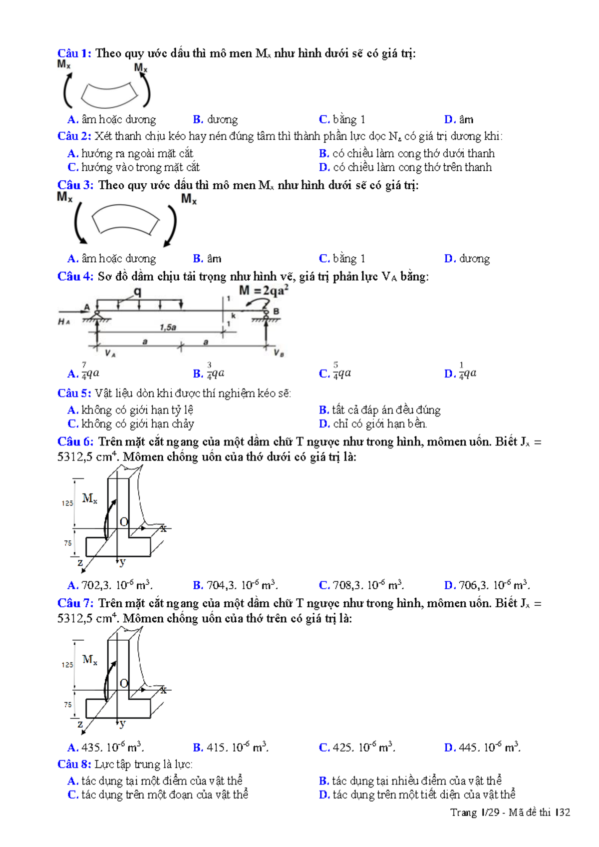 DE Cuong ON TAP - 'lmjn - Câu 1: Theo quy ước dấu thì mô men Mx như ...