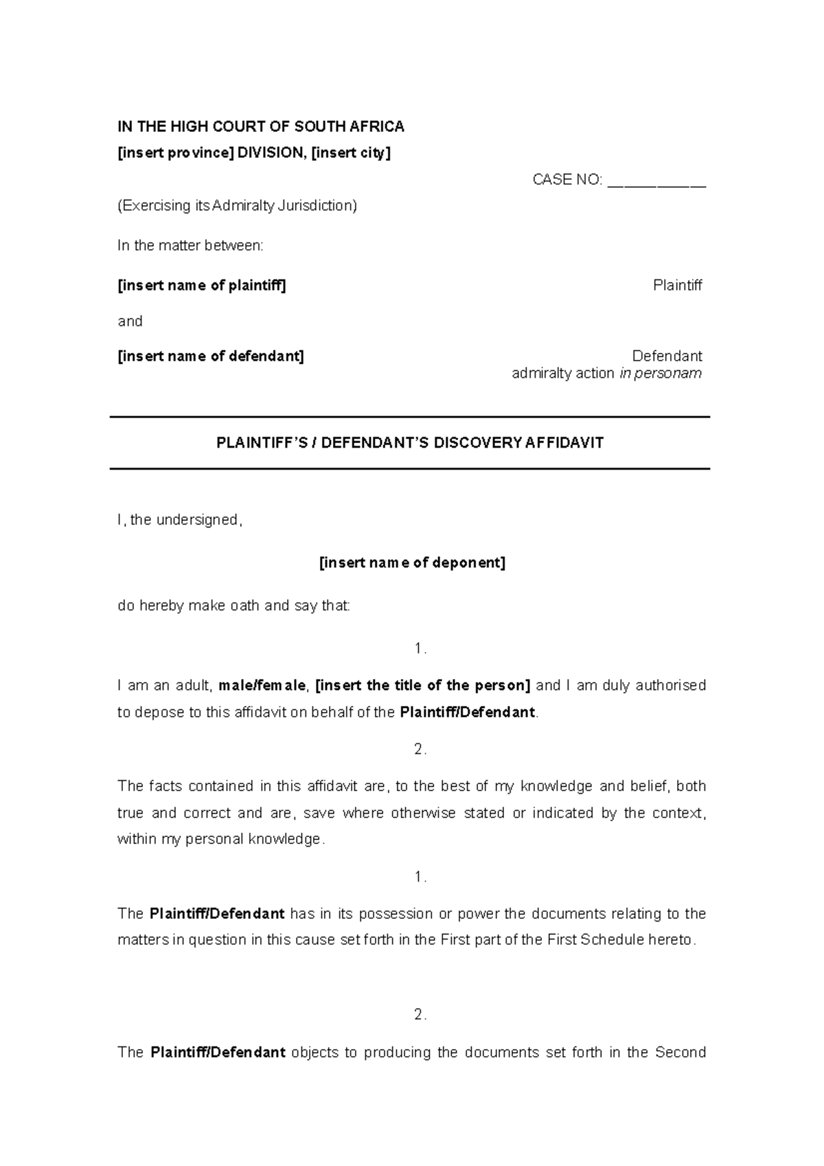Discovery affidavit - Precedent - IN THE HIGH COURT OF SOUTH AFRICA ...