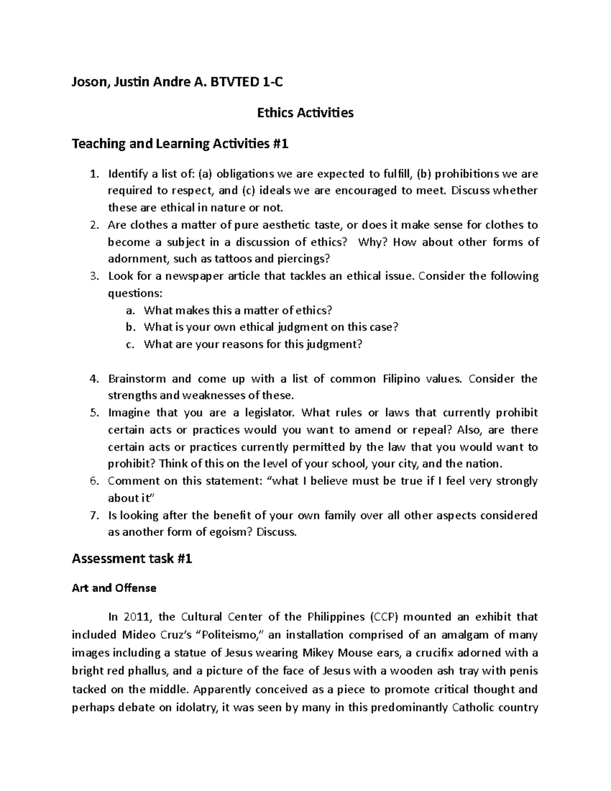 Ethics-Activities - pon mi - Joson, Justin Andre A. BTVTED 1-C Ethics ...