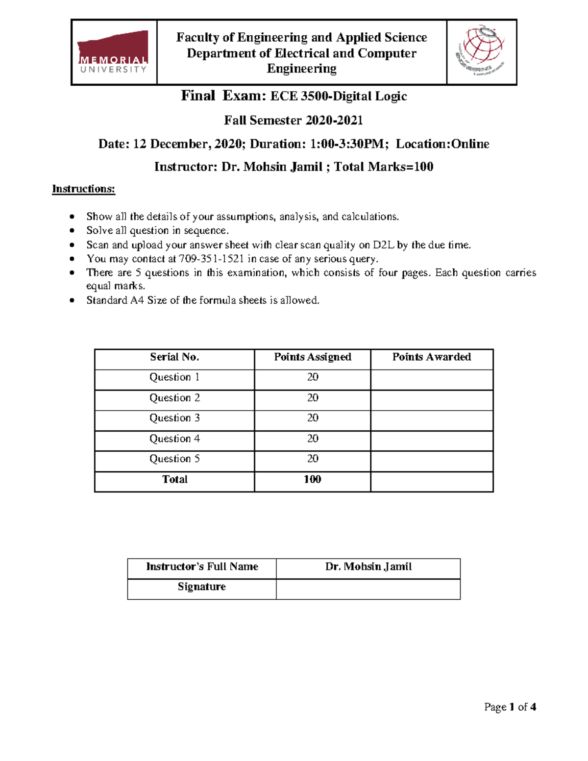 Final Exam 12 December 2020, questions - Faculty of Engineering and Applied Science Department ...