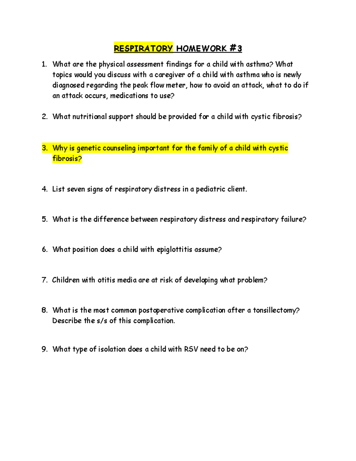 Respiratory HW Worksheet (003) - RESPIRATORY HOMEWORK What are the ...