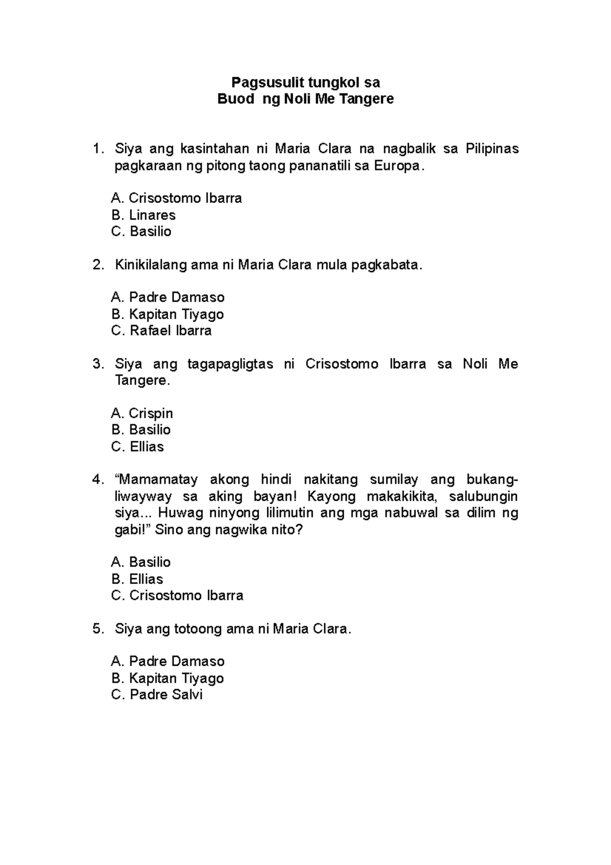 Pagsusulit sa Filipino - Buod ng Noli Me Tangere - Pagsusulit tungkol ...