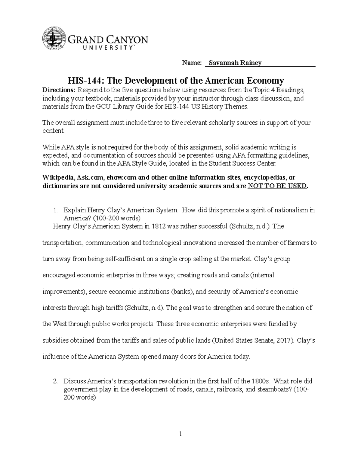 Development of the American Economy Worksheet - Name: Savannah Rainey ...