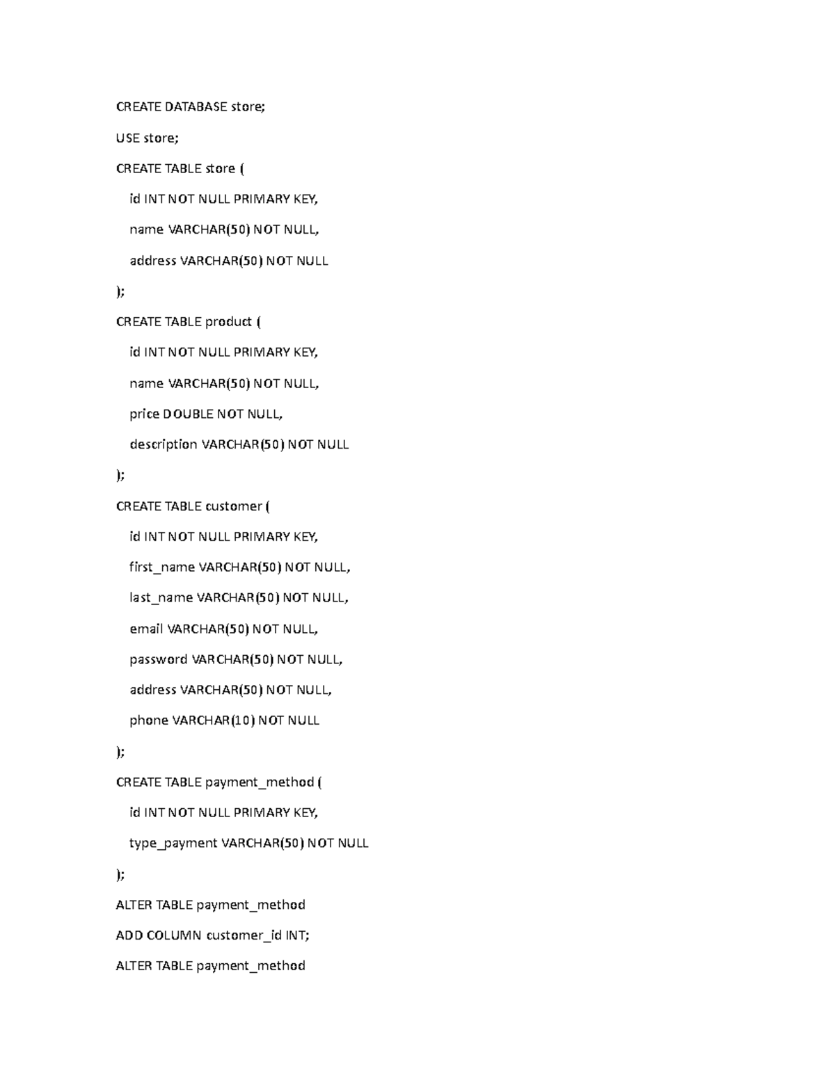 Reto 2. Crear mi primera base de datos - CREATE DATABASE store; USE store; CREATE TABLE store ...