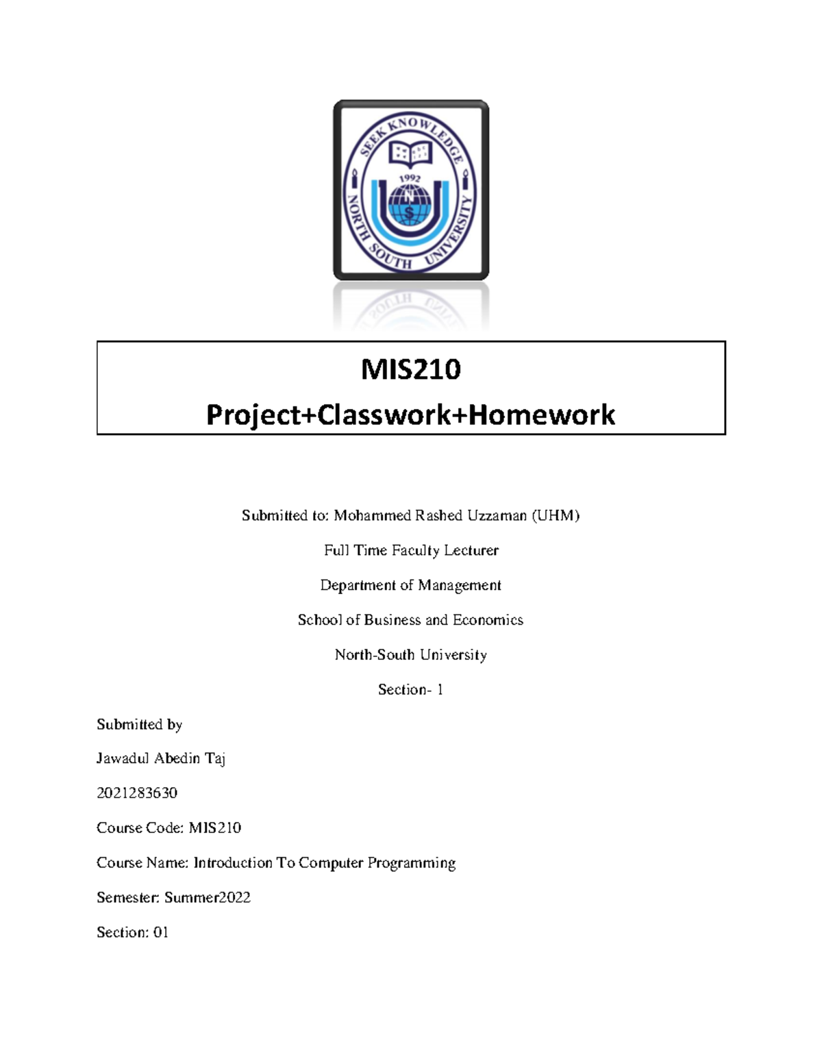 MIS210-Final-Project - MIS Project+Classwork+Homework Submitted to ...