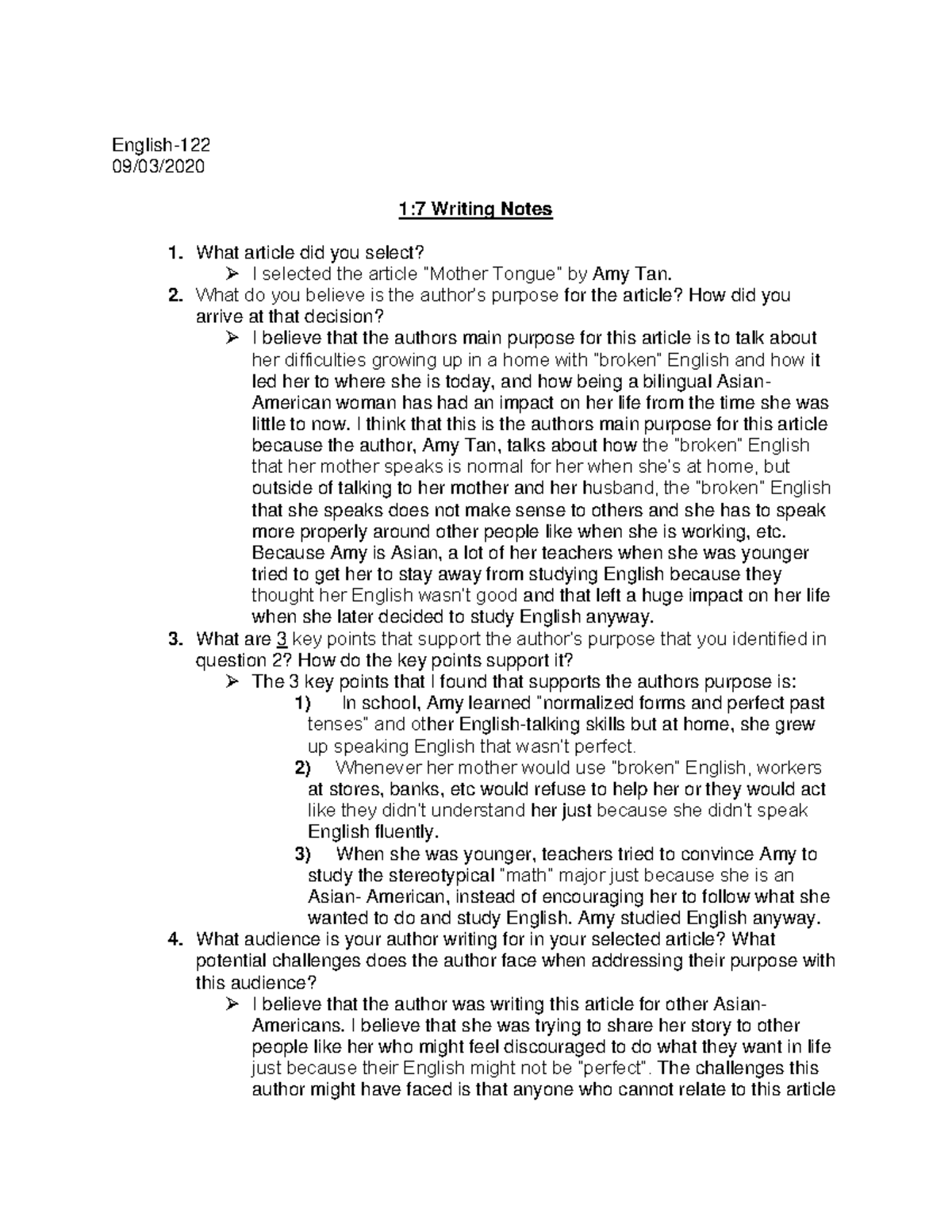 English 122 Mother Tongue Writing Notes 2020 - Karlee Mullen English ...