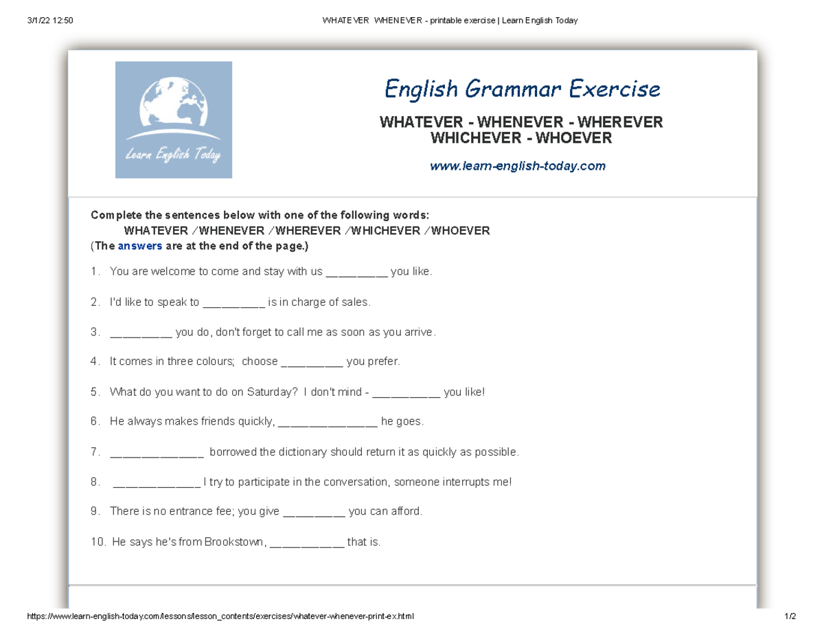 Whatever Whenever - printable exercise Learn English Today - 3/1/22 12 ...