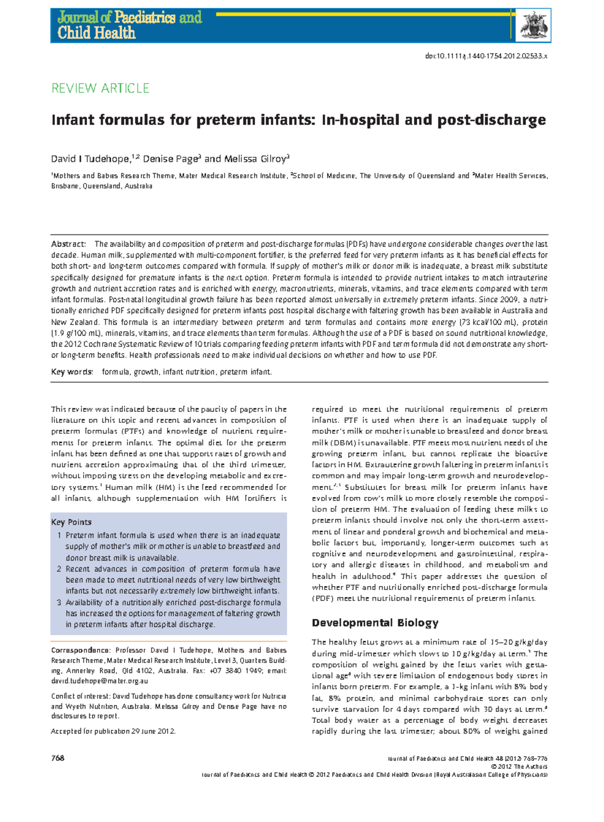2. tudehope 2012 - NEO - REVIEW ARTICLE Infant formulas for preterm ...