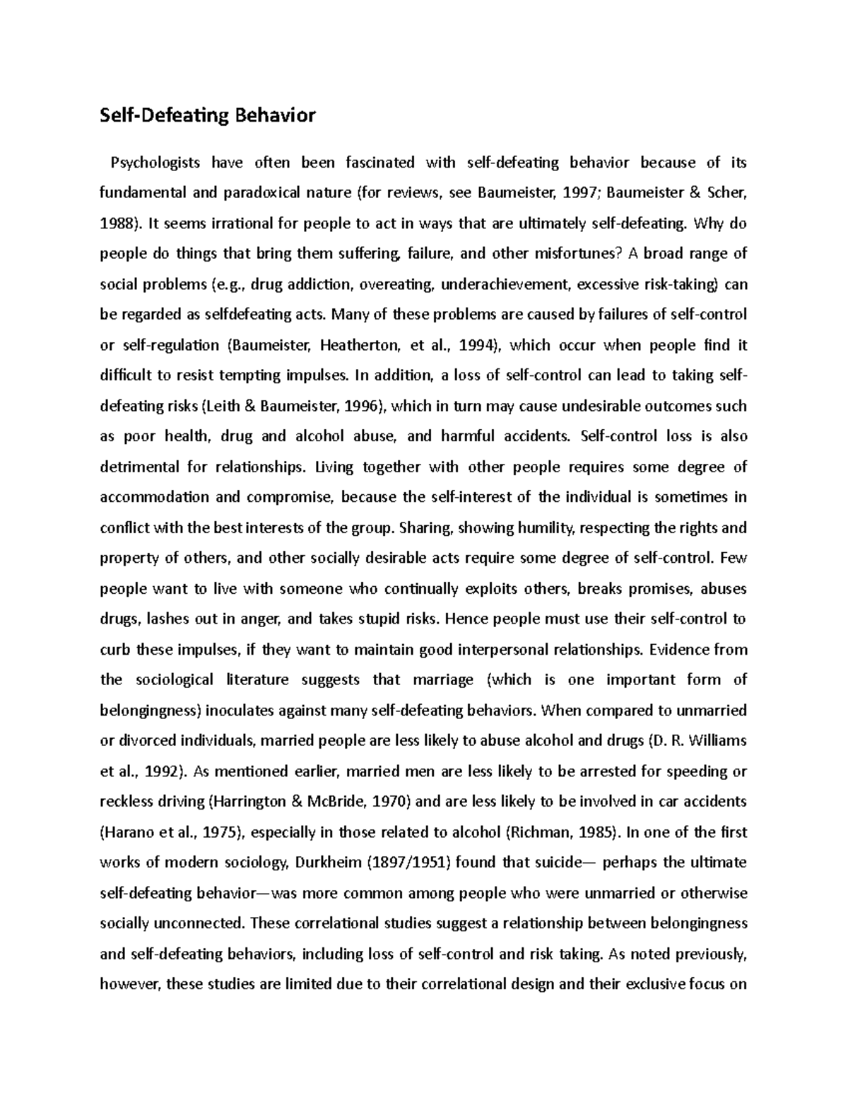 Self-Defeating Behavior - Self-Defeating Behavior Psychologists have ...