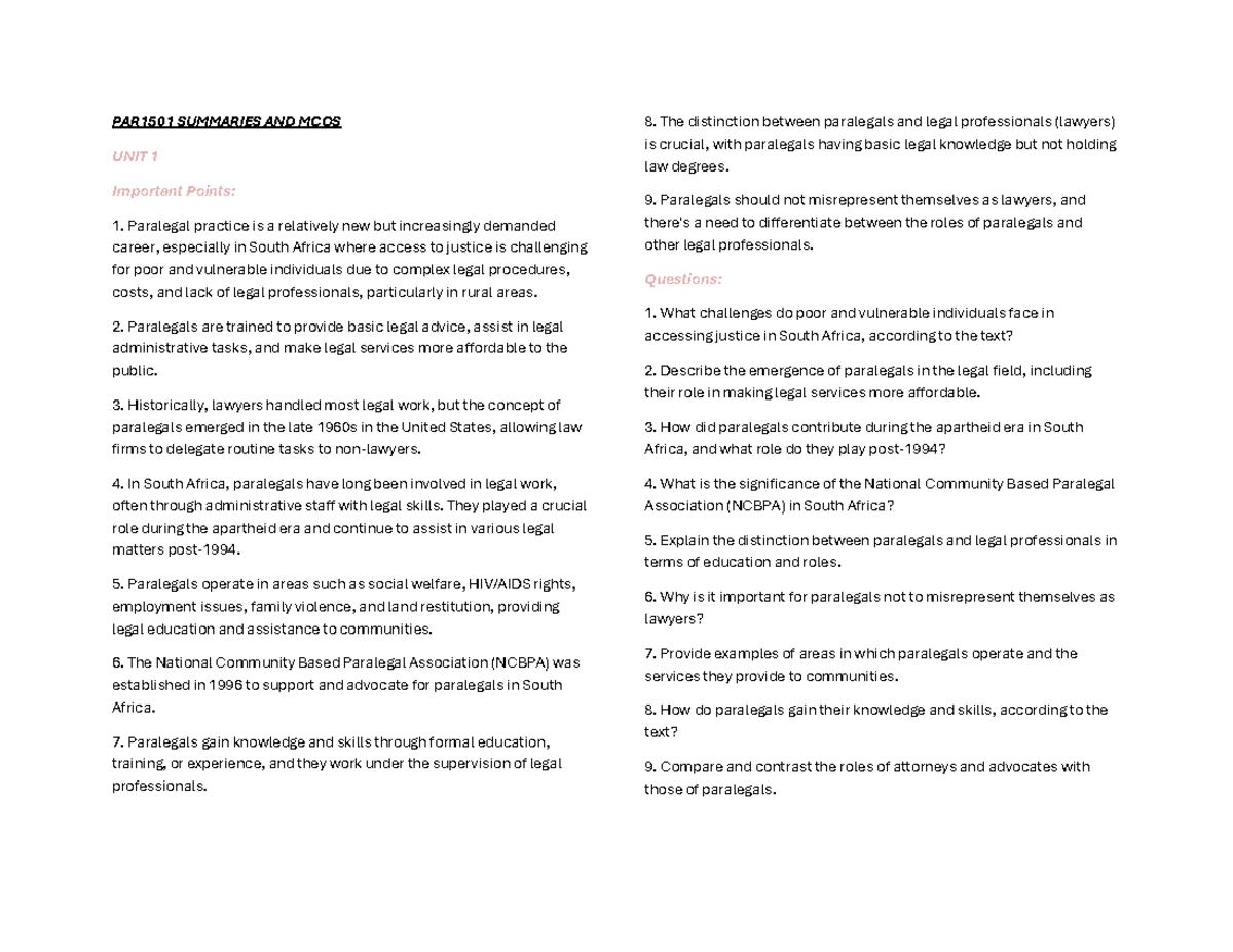 PAR1501 Summaries AND QUESTIONS - PAR1501 SUMMARIES AND MCQS UNIT 1 ...