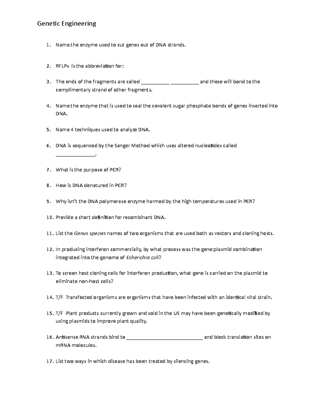 Genetic Engineering Activity - Genetic Engineering Name the enzyme used ...